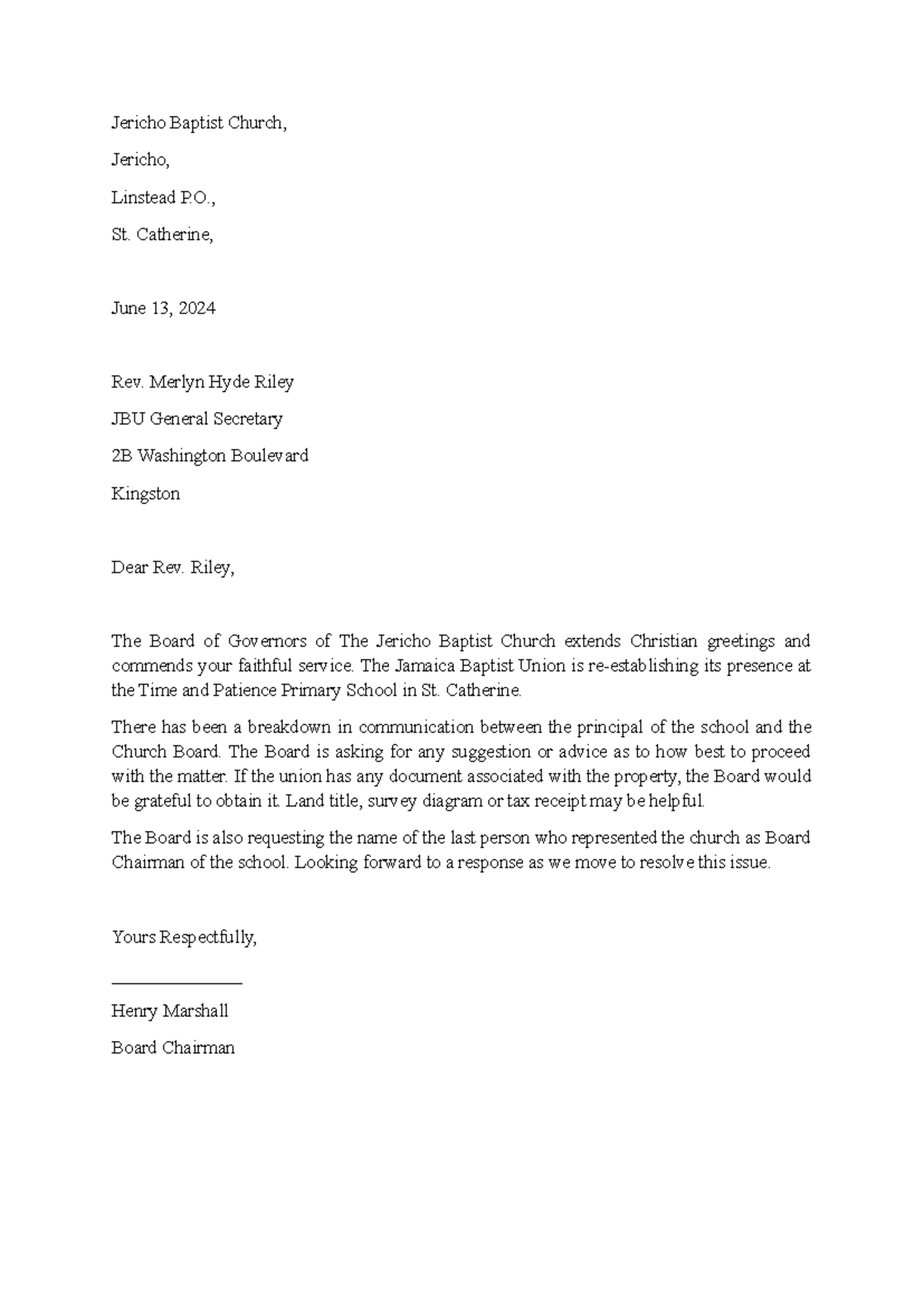 Letter for JBU 1 - Jericho Baptist Church, Jericho, Linstead P., St ...