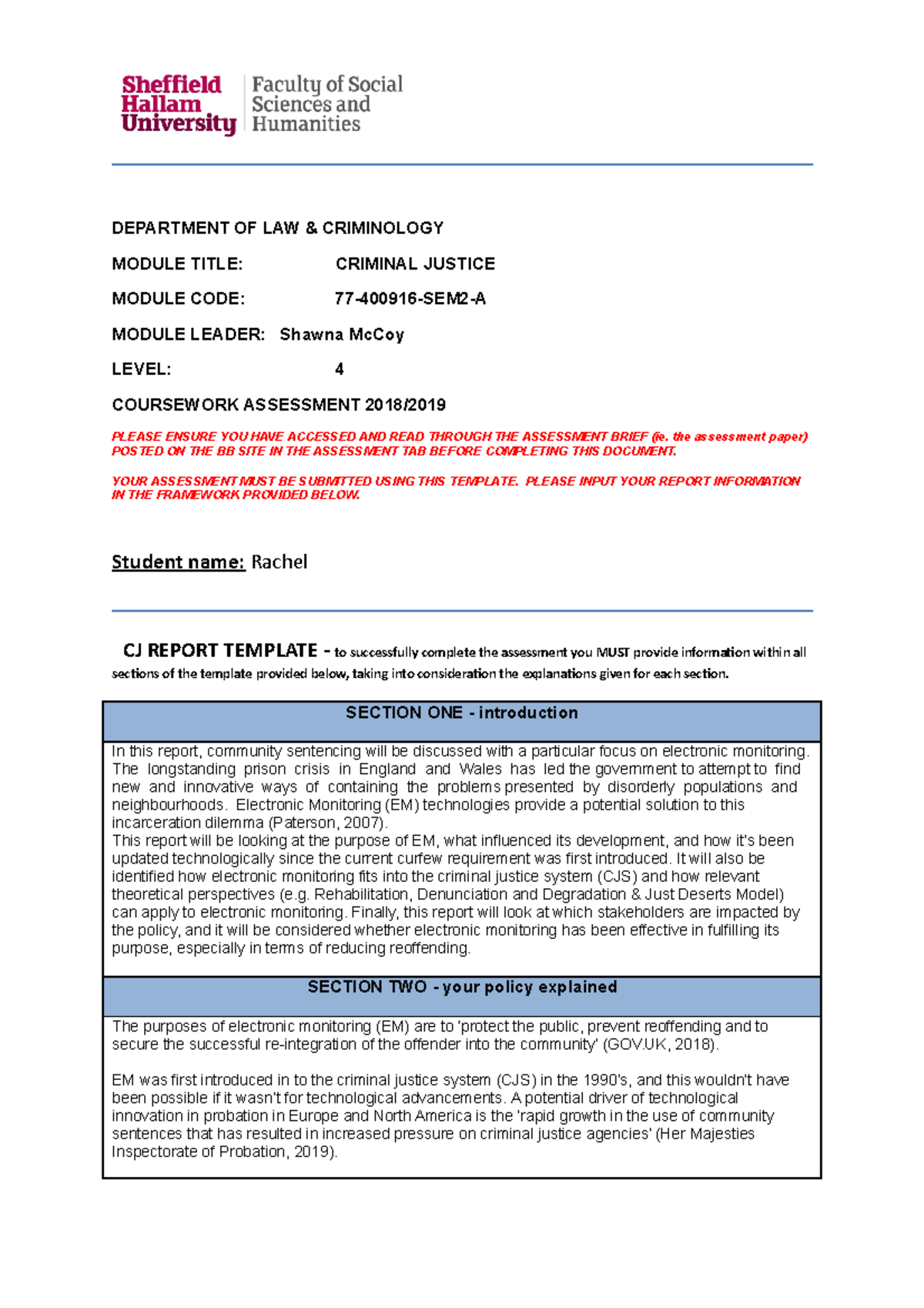 CJ Report Assignment - DEPARTMENT OF LAW & CRIMINOLOGY MODULE TITLE ...