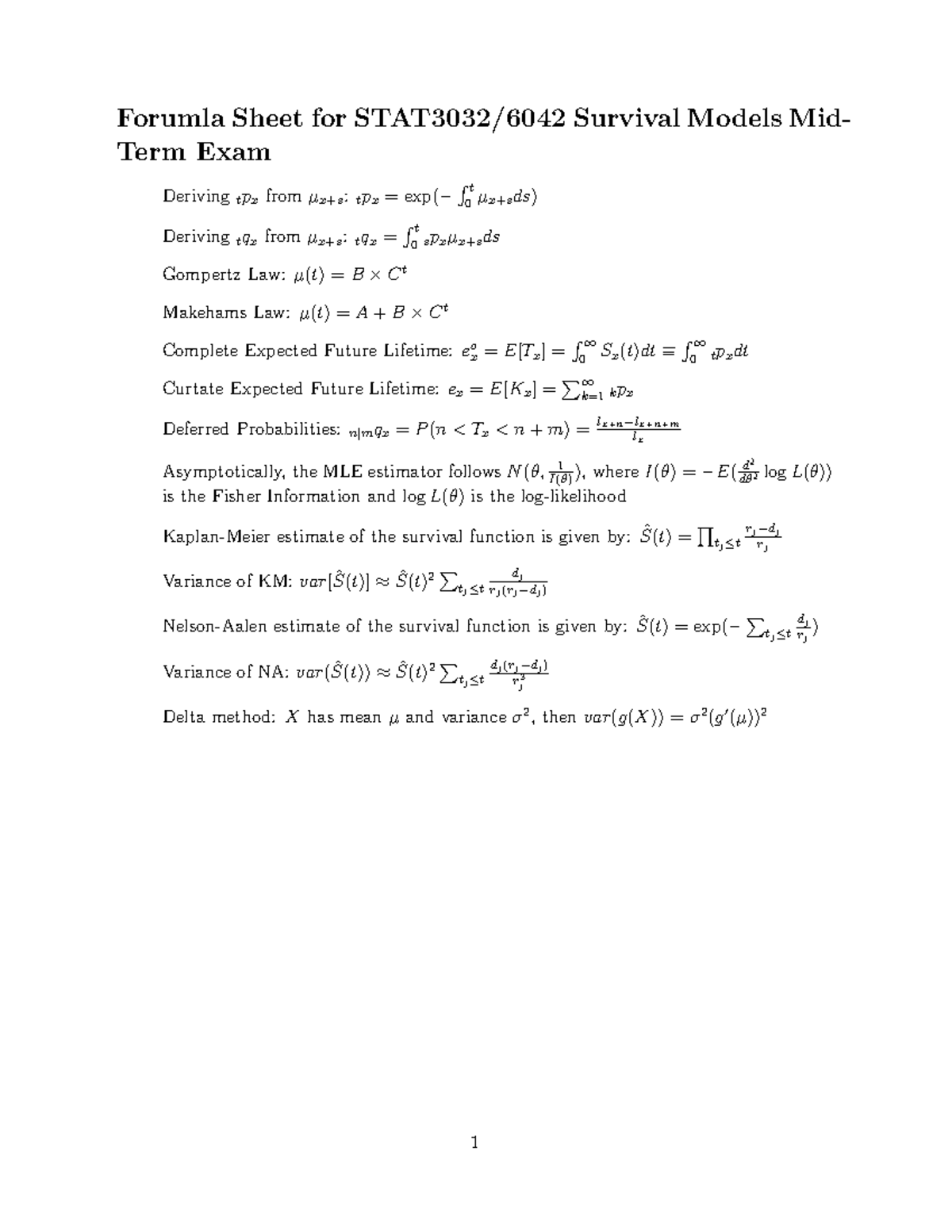 Formula sheet for Mid-term - Forumla Sheet for STAT3032/6042 Survival ...