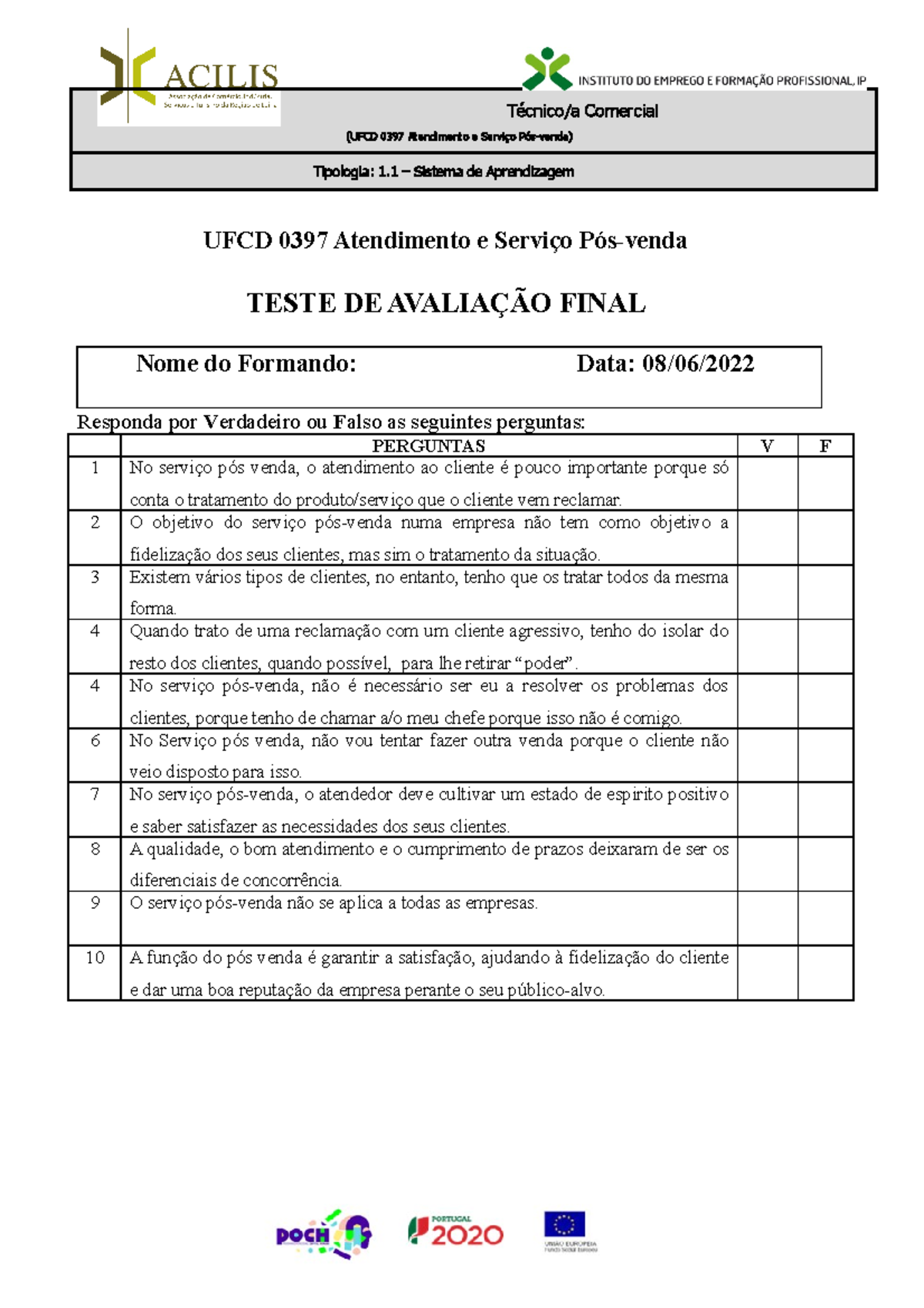 T C UFCD 0397 Teste avaliação Final[ 3984] - Técnico/a Comercial (UFCD ...