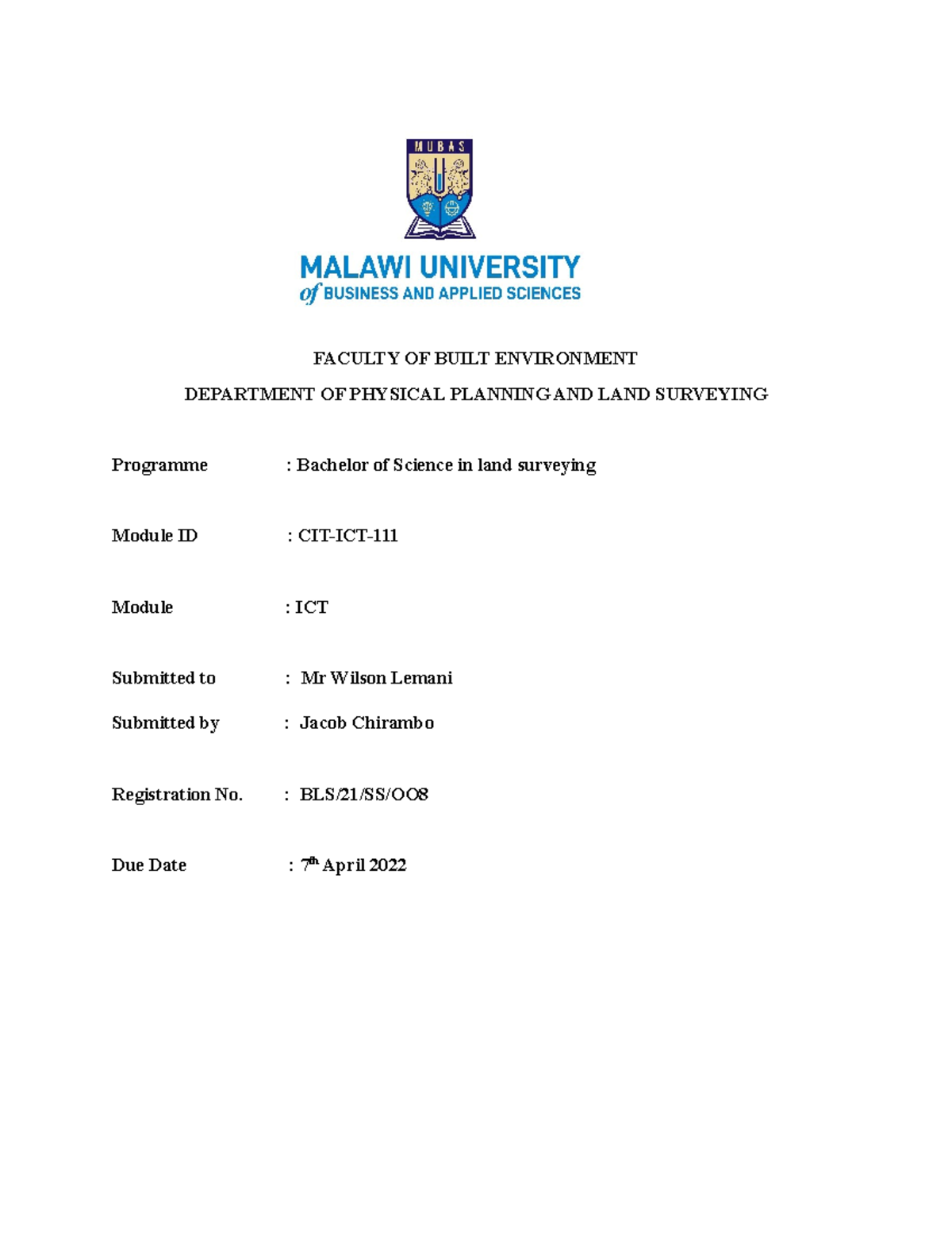 Asssingment 1 - the materials used in construction - FACULTY OF BUILT ENVIRONMENT DEPARTMENT OF ...