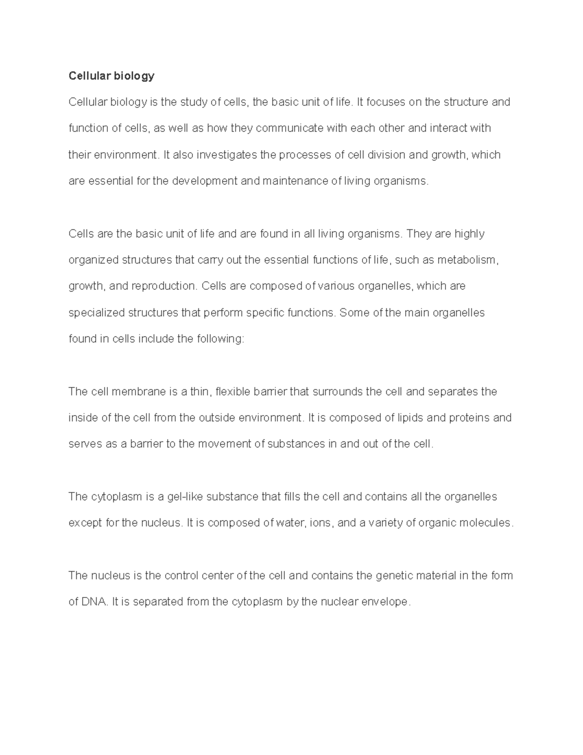 Molecular, Cellular, and Developmental Biology course outline cellular ...