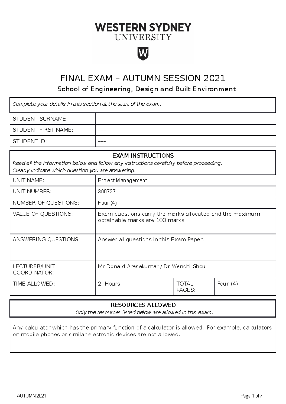 Project Management Final Exam - FINAL EXAM – AUTUMN SESSION 2021 School ...