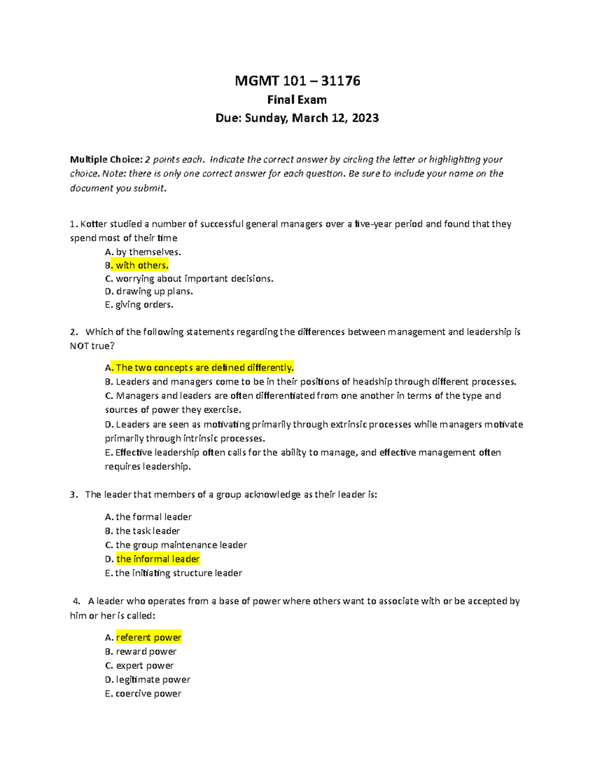 Final Exam - MGMT 101 – 31176 Final Exam Due: Sunday, March 12, 2023 ...