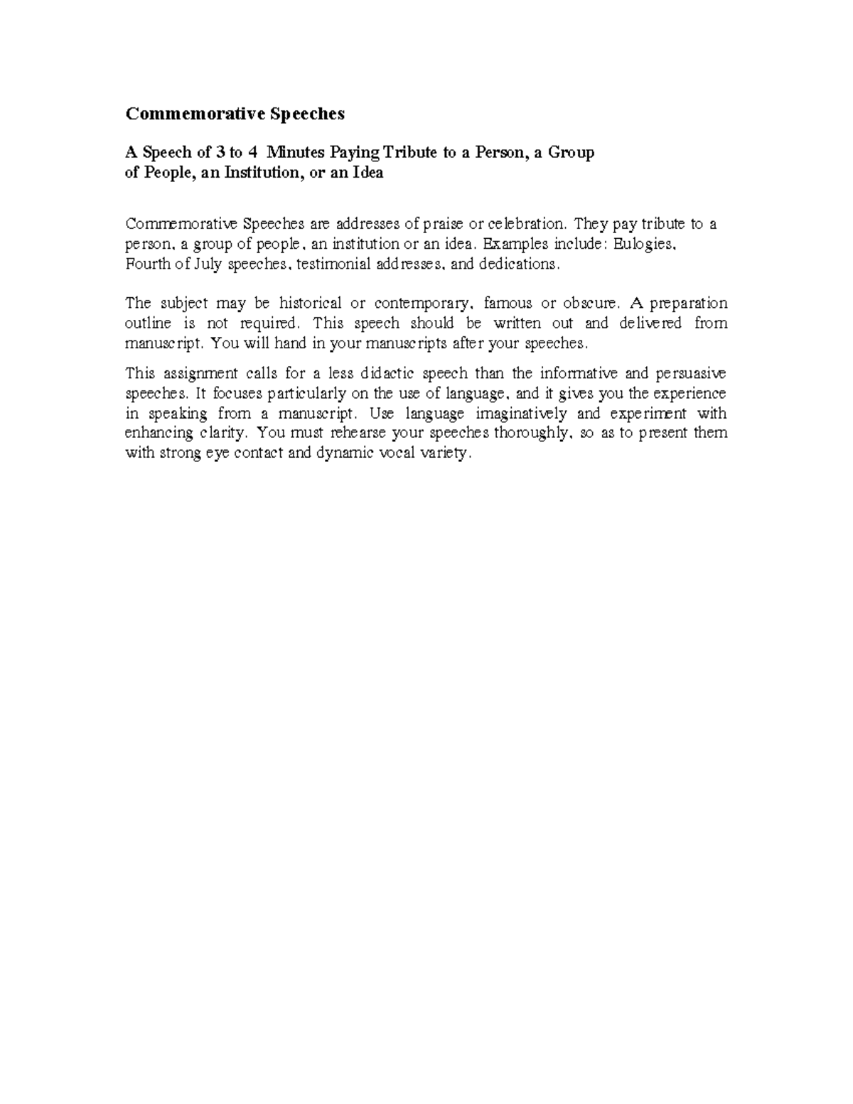 Baruch.Commemorative Speech Assignment - Commemorative Speeches A ...