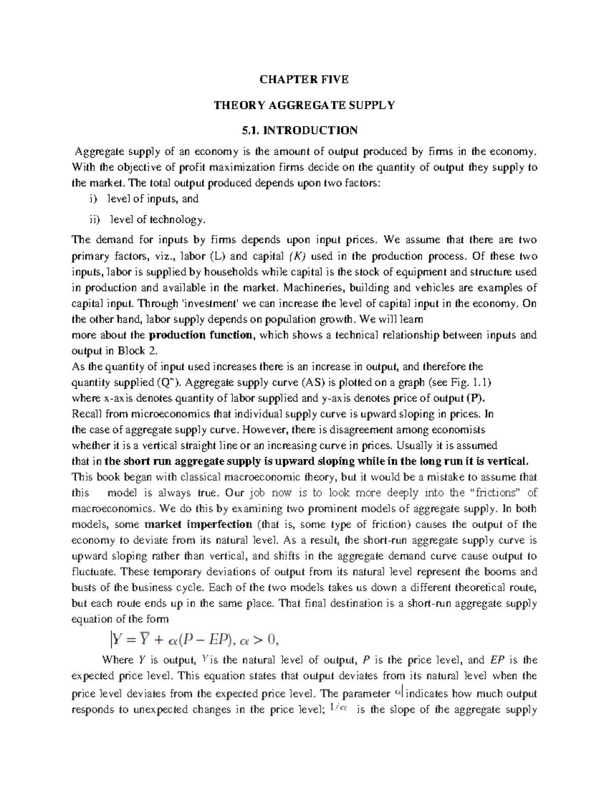 Macroeconomics chapter 5 Aggregate Supply theories - CHAPTER FIVE ...