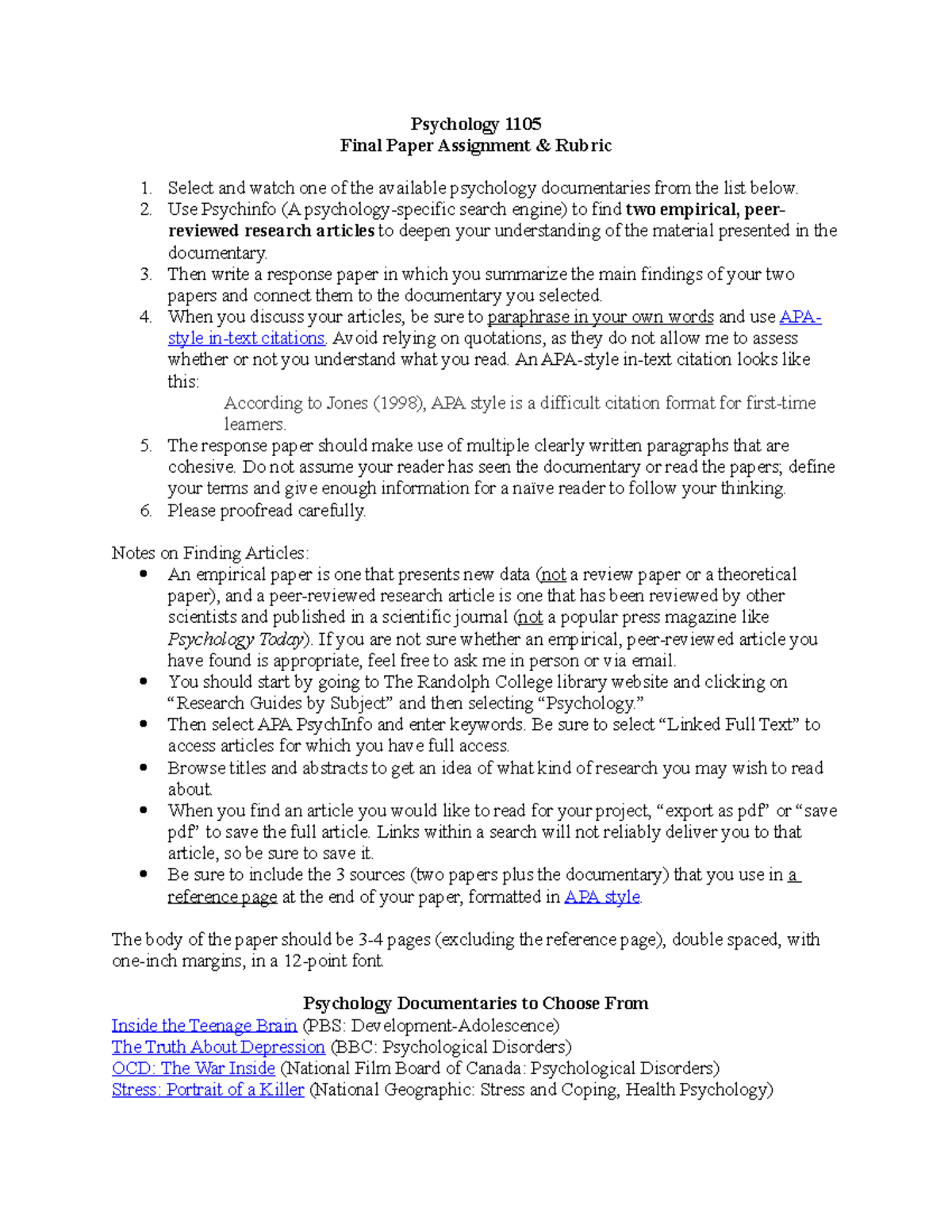 PSY 105 Project Spring 2022 - Psychology 1105 Final Paper Assignment ...