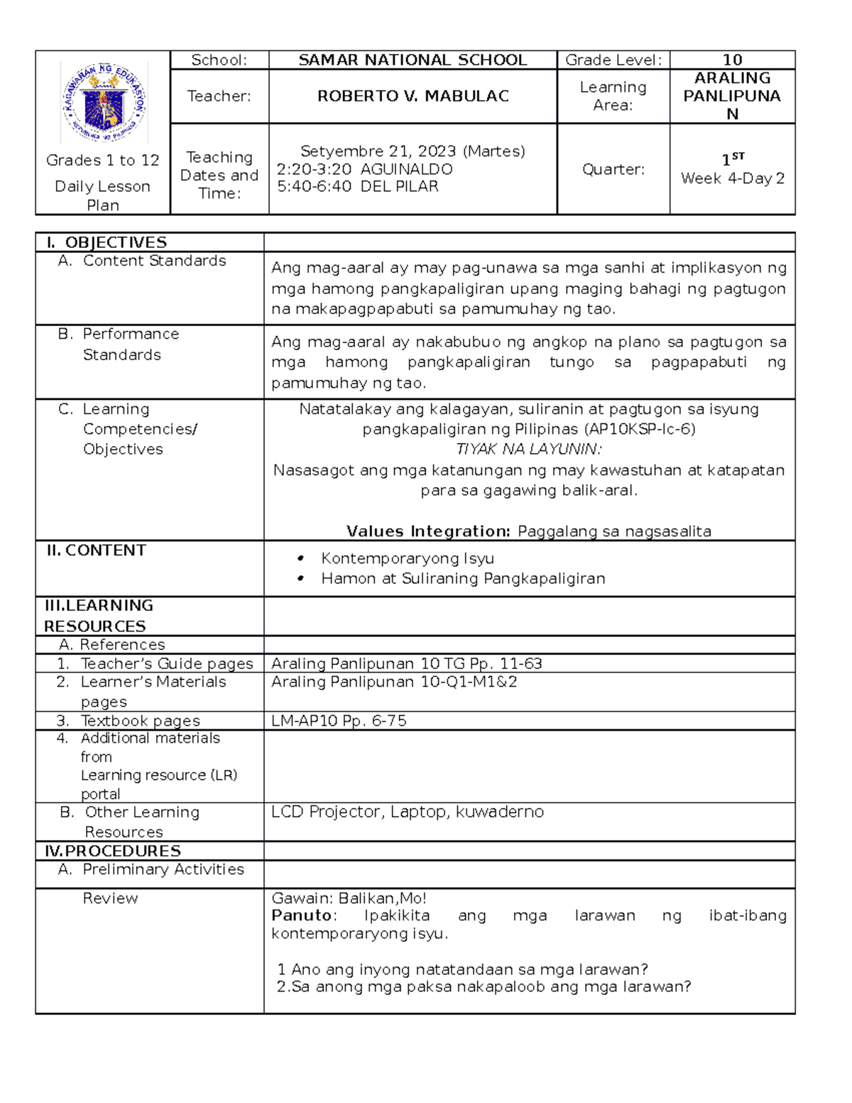 5-Review for ST NEW - lesson plan - Grades 1 to 12 Daily Lesson Plan ...