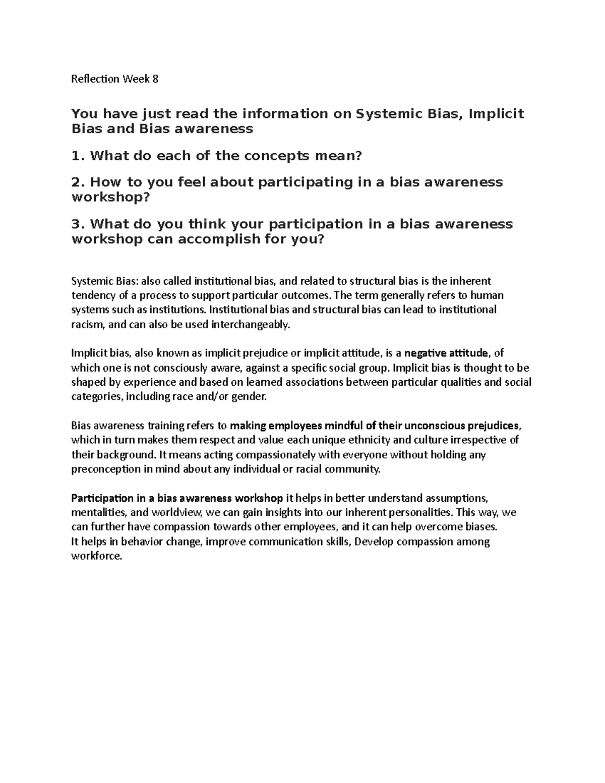 Reflection Week 8 - mini - Reflection Week 8 You have just read the information on Systemic Bias ...