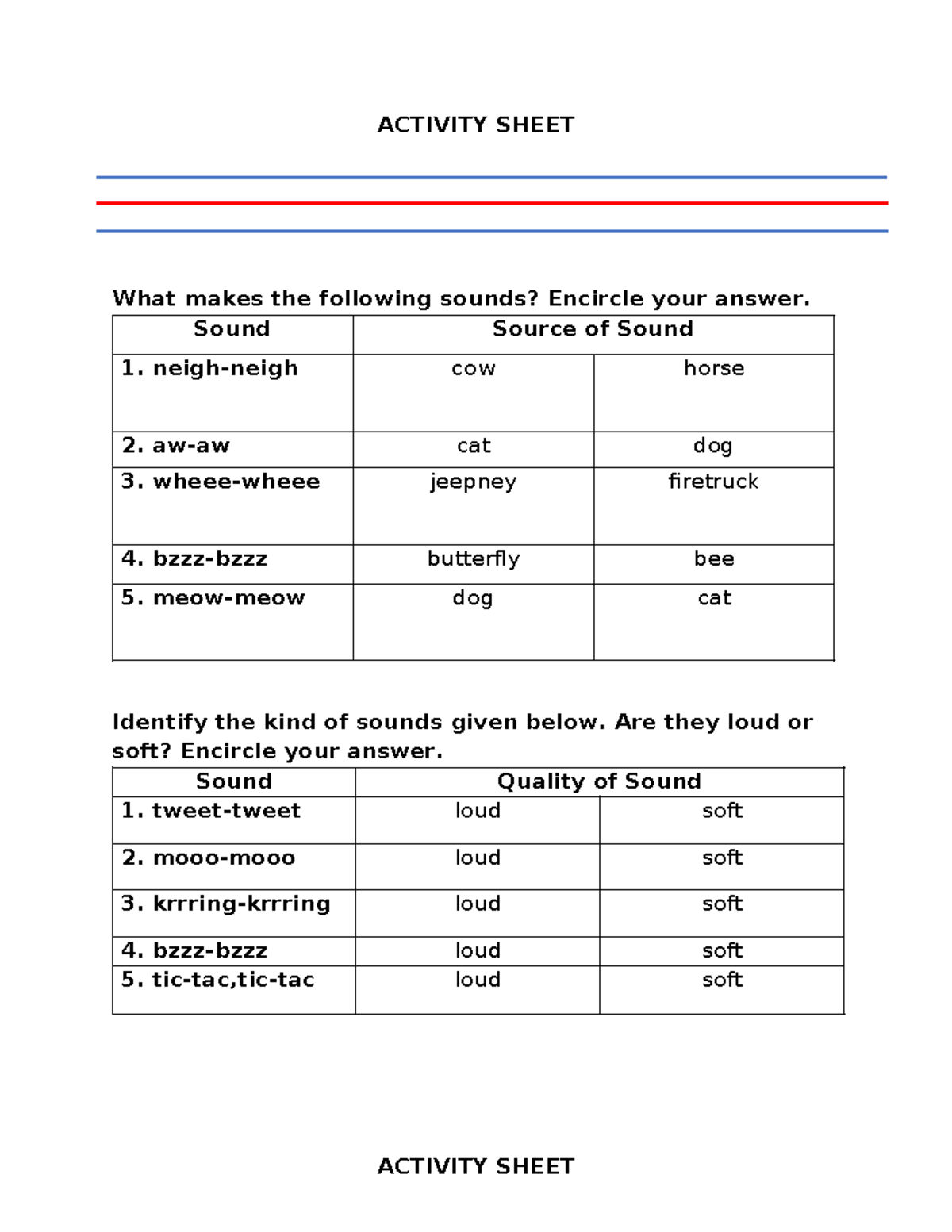 Activity Sheet - ACTIVITY SHEET What makes the following sounds ...