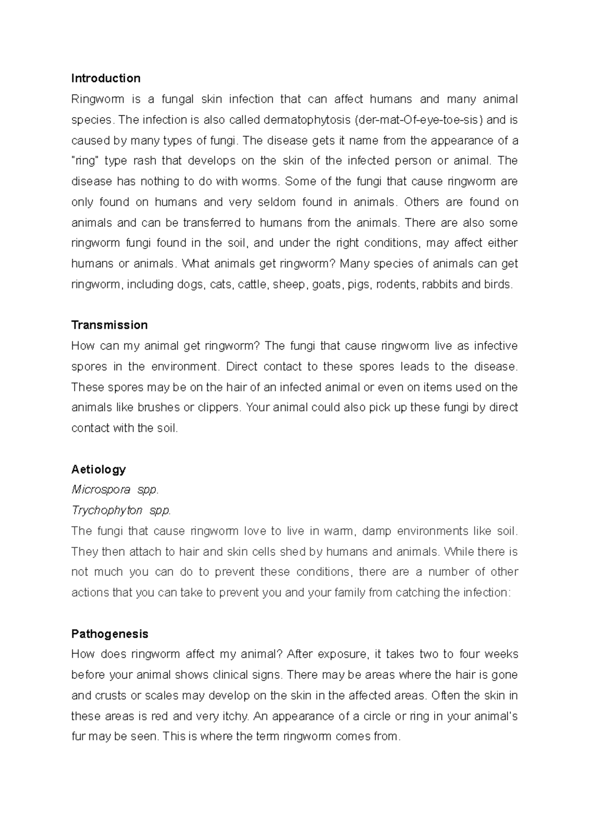 Ringworm Notes - Guide lines - Introduction Ringworm is a fungal skin ...