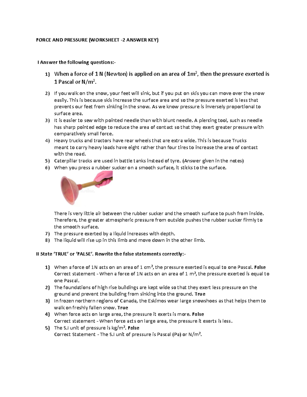 Force AND Pressure - Answer key 2 - FORCE AND PRESSURE (WORKSHEET - 2 ...