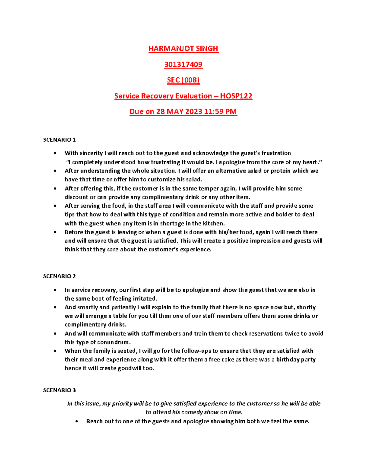 Service Recovery Assignment - HARMANJOT SINGH 301317409 SEC (008 ...