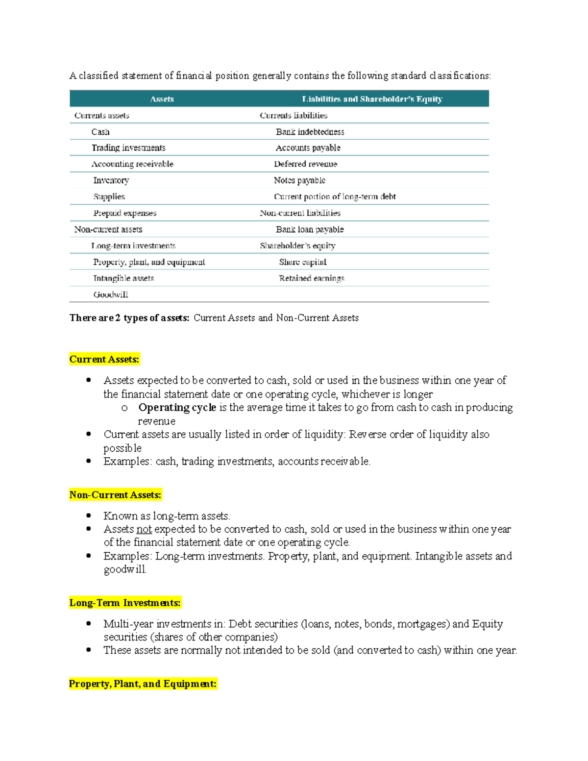 Chapter 2 adm1213 - A classified statement of financial position ...