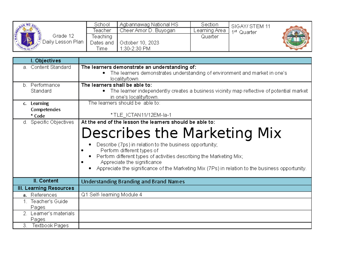 Day 2 lesson plan marketing mix - Grade 12 Daily Lesson Plan School ...