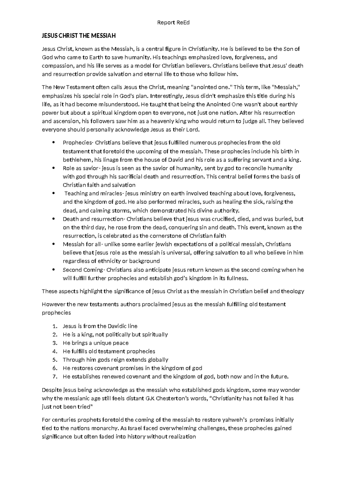 Report Re Ed - ReEd docs - Report ReEd JESUS CHRIST THE MESSIAH Jesus ...