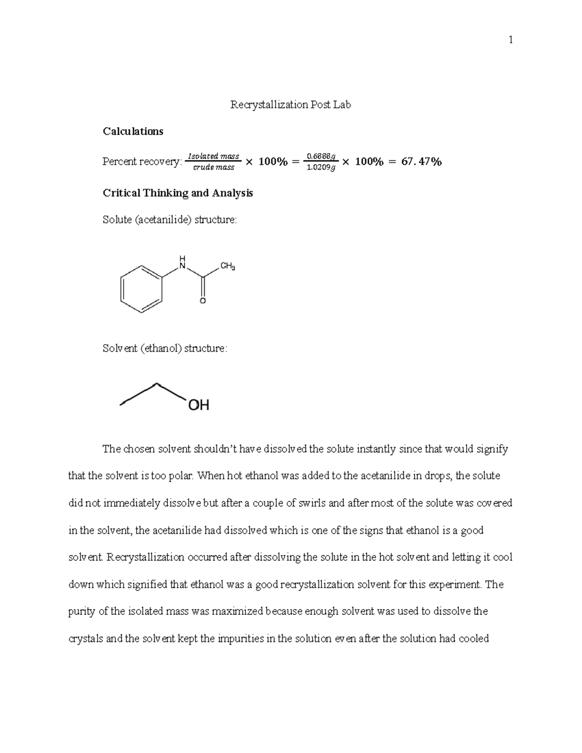 Recrystallization Post Lab - Recrystallization Post Lab Calculations ...