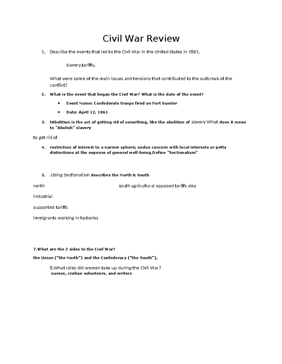 Civil War Review - touhhhhh - Civil War Review 1. Describe the events ...