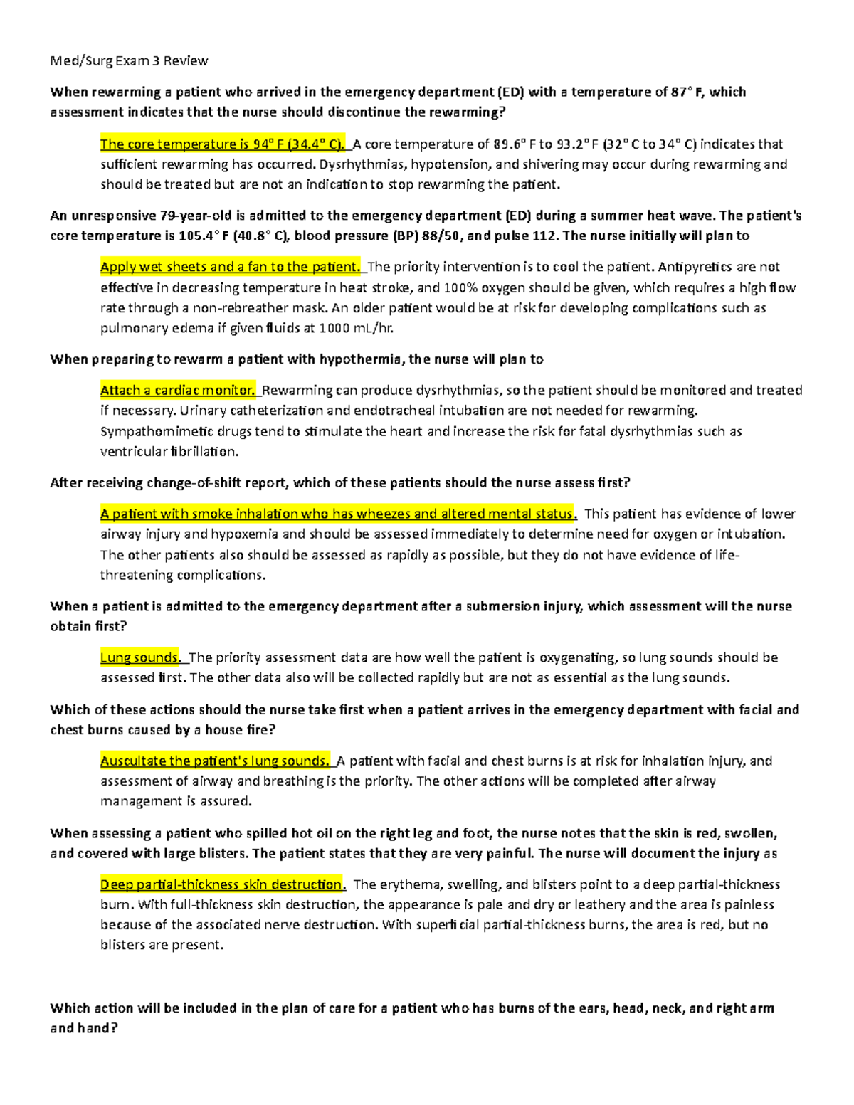 Docx (9) med surge final 3 - Exam 3 Review When rewarming a patient who ...