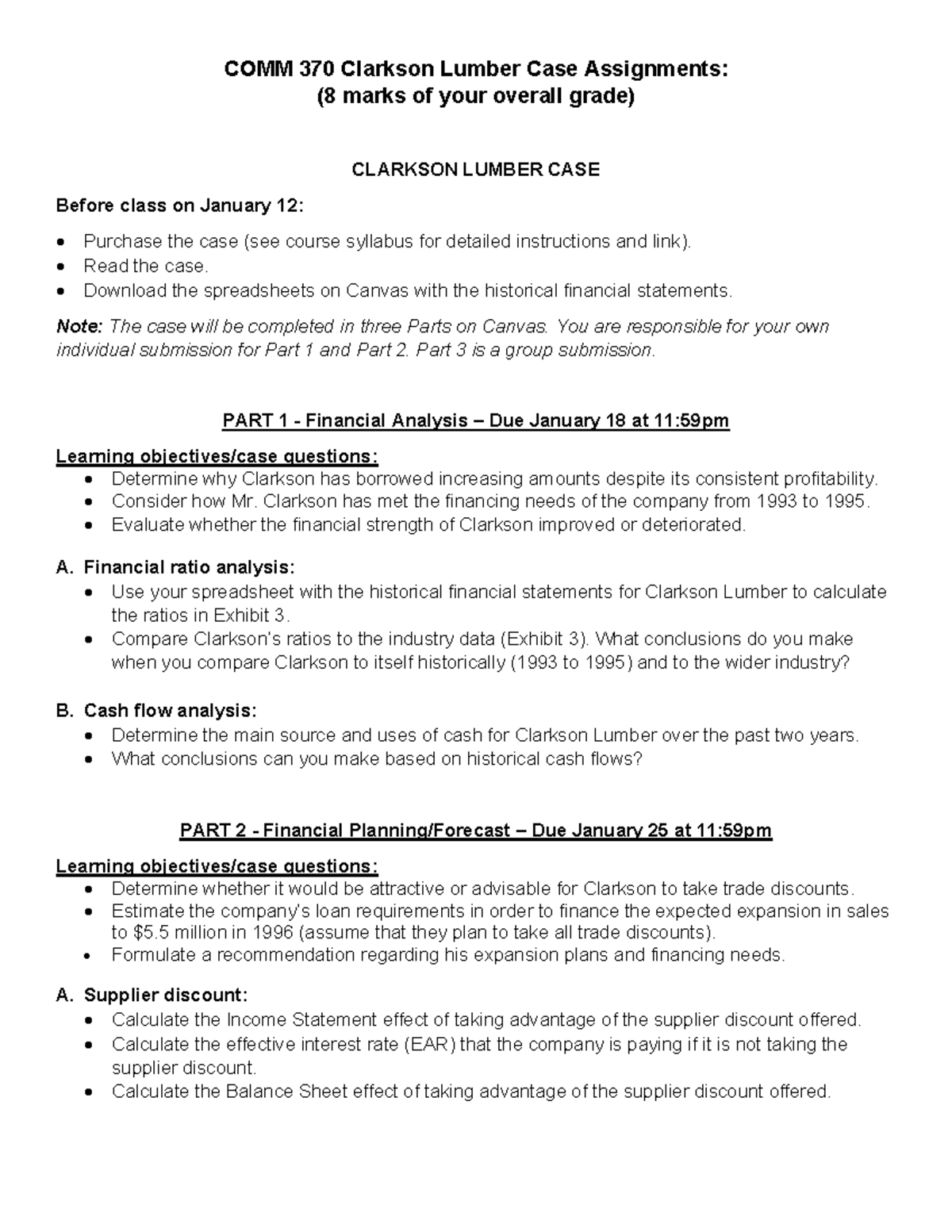 Clarkson Lumber Case - Work Plan - COMM 370 Clarkson Lumber Case ...