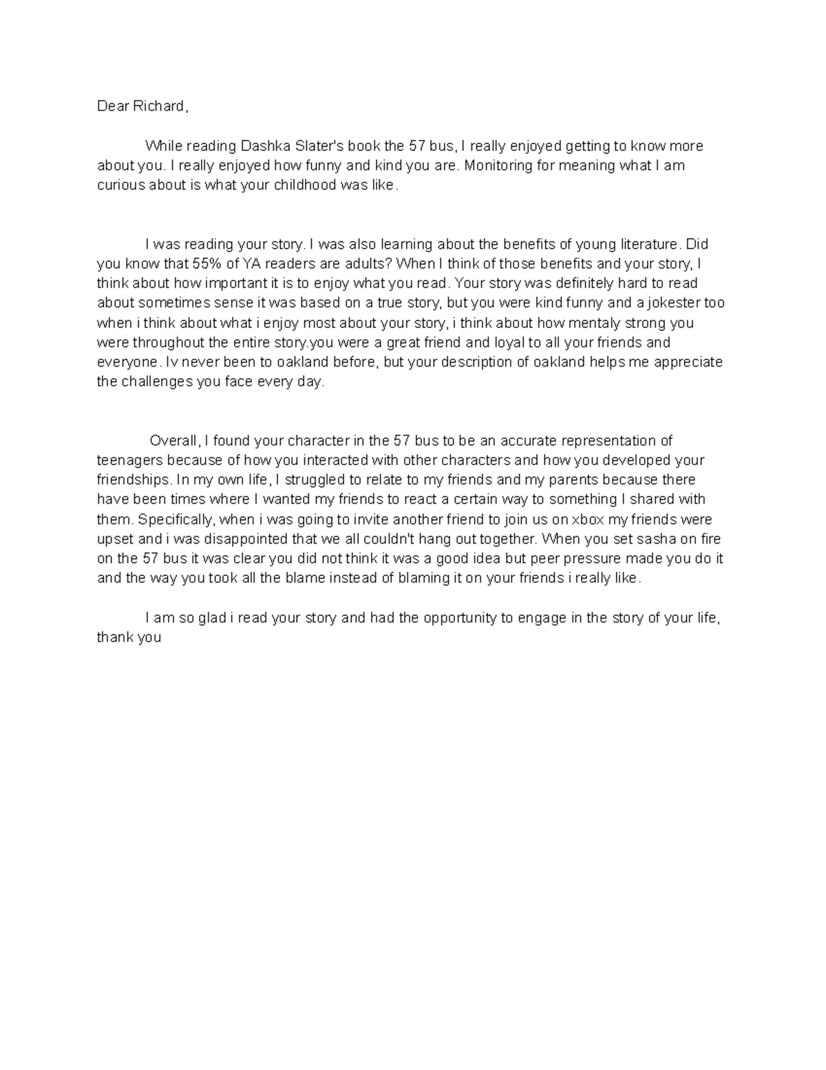 Dear Richard - bbbbbbbbb - Dear Richard, While reading Dashka Slater's ...