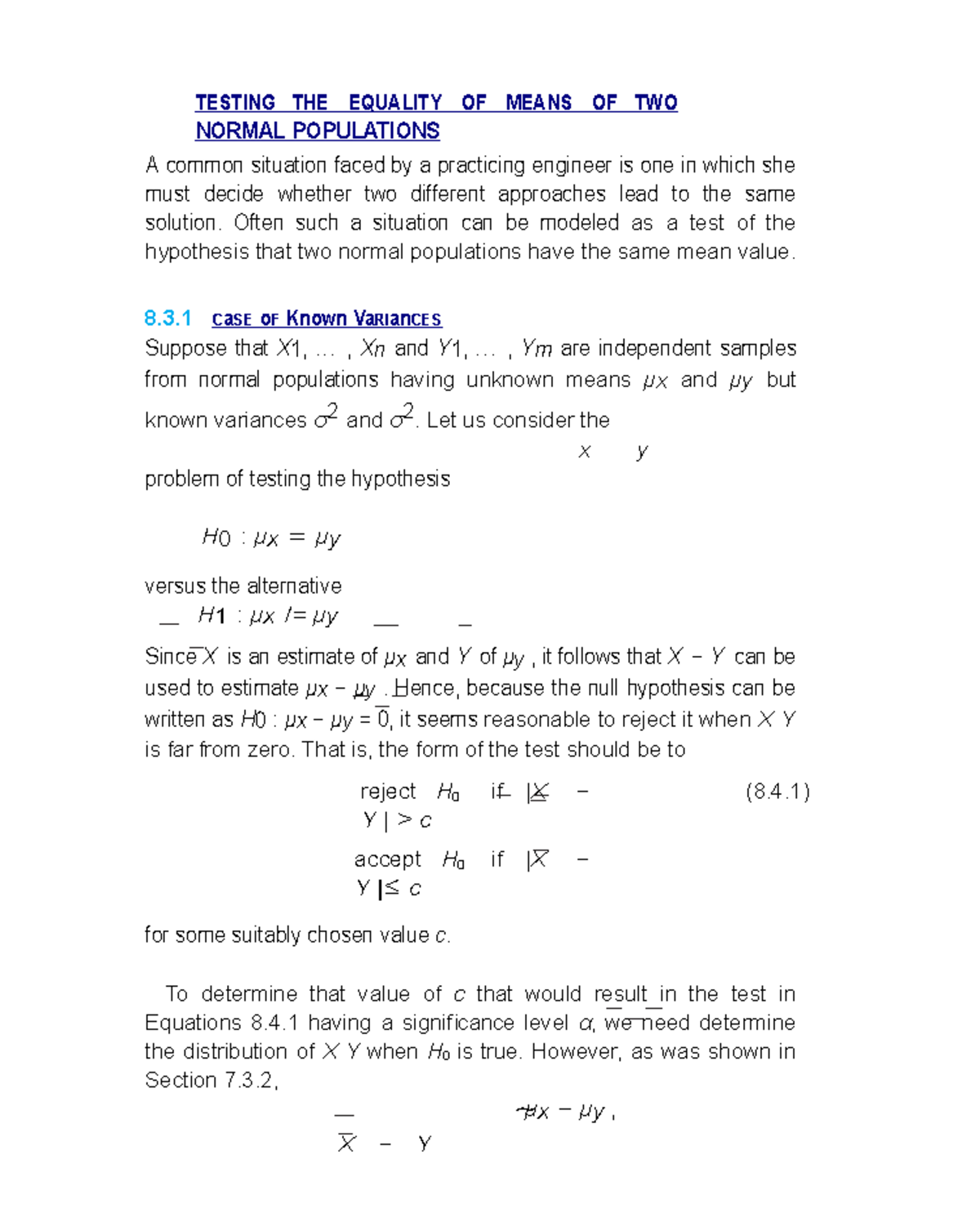 Testing THE Equality OF Means OF TWO Normal Populations - TESTING THE ...