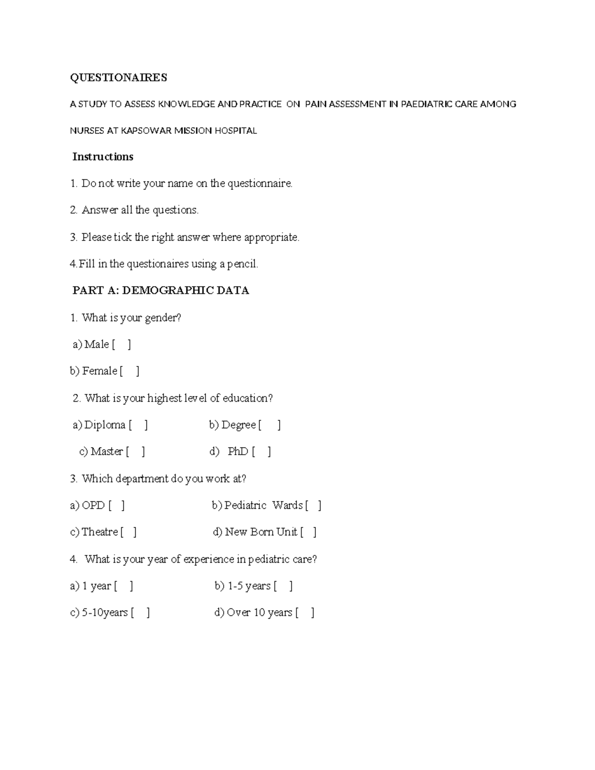 Questionaires - a nursing student - QUESTIONAIRES A STUDY TO ASSESS ...