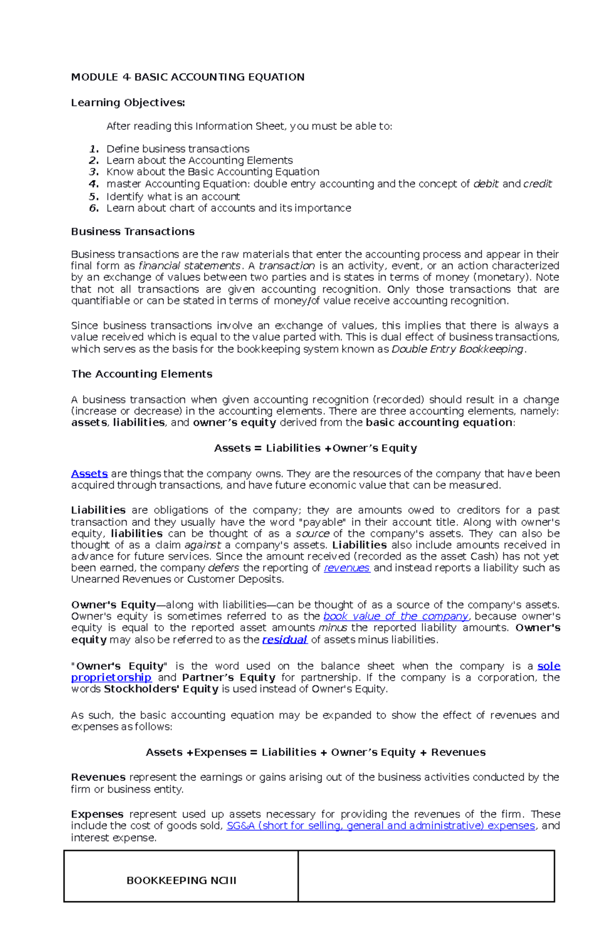 Module #4 in Bookkeeping - MODULE 4- BASIC ACCOUNTING EQUATION Learning ...
