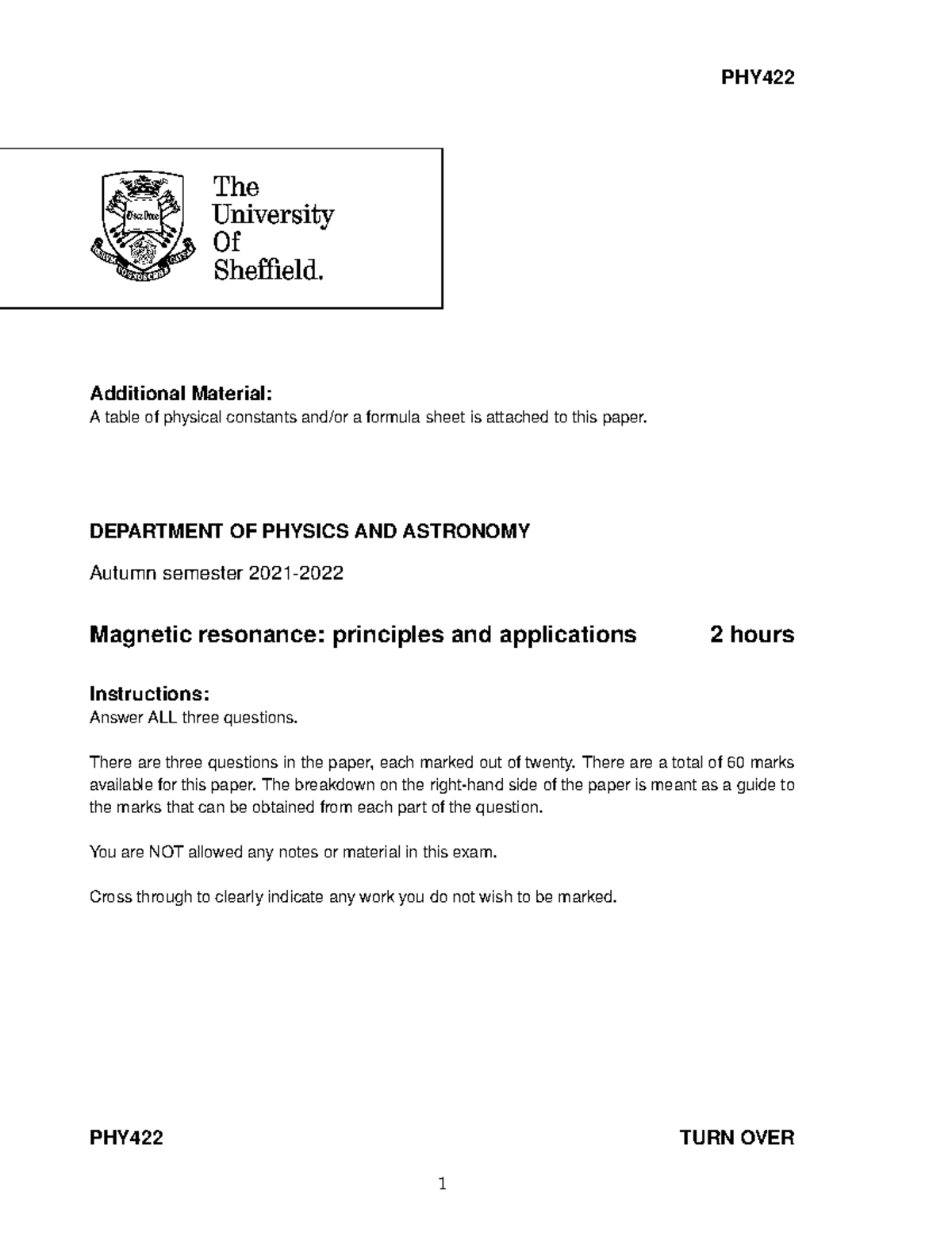 PHY422 21-22 - Past Paper - PHY Additional Material: A table of ...