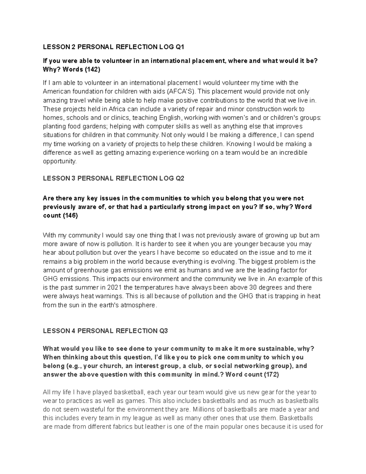 Reading Logs 2,3,4,5 - LESSON 2 PERSONAL REFLECTION LOG Q If you were ...