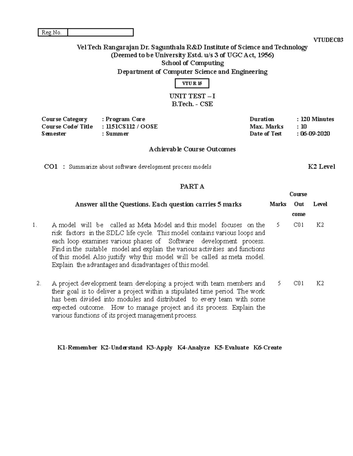 Oose Unit Test 1 Qp Sssssssss Reg Vtudec Vel Tech Rangarajan Dr Sagunthala Randd Institute