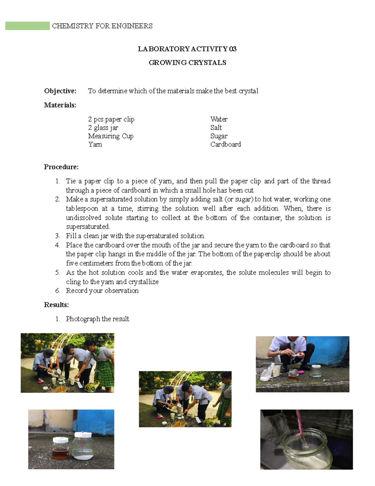 Lab 03 Growing Crystals - LABORATORY ACTIVITY 03 GROWING CRYSTALS ...