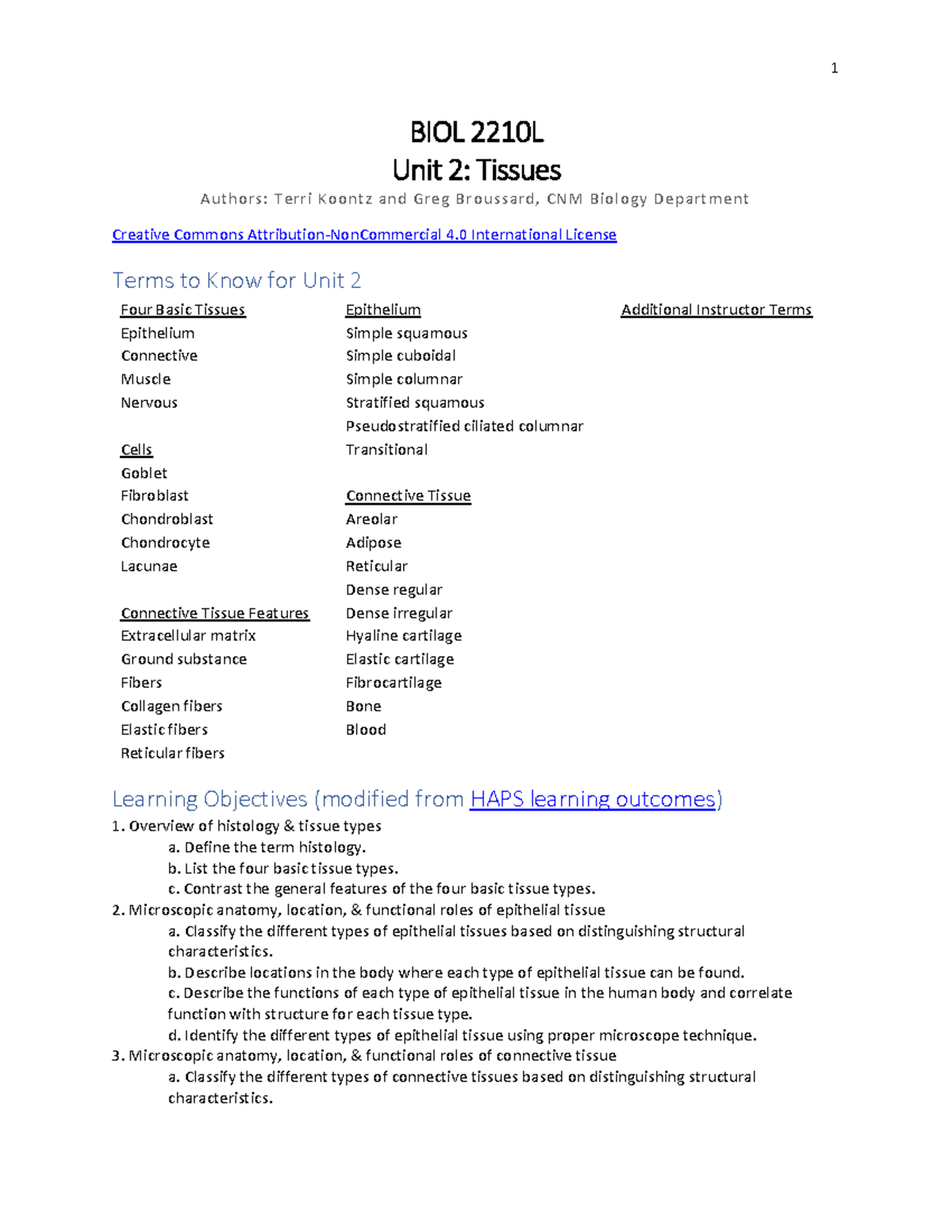 Unit-2-tissues - N/A - BIOL 2210 L Unit 2 : Tissues Authors: Terri ...