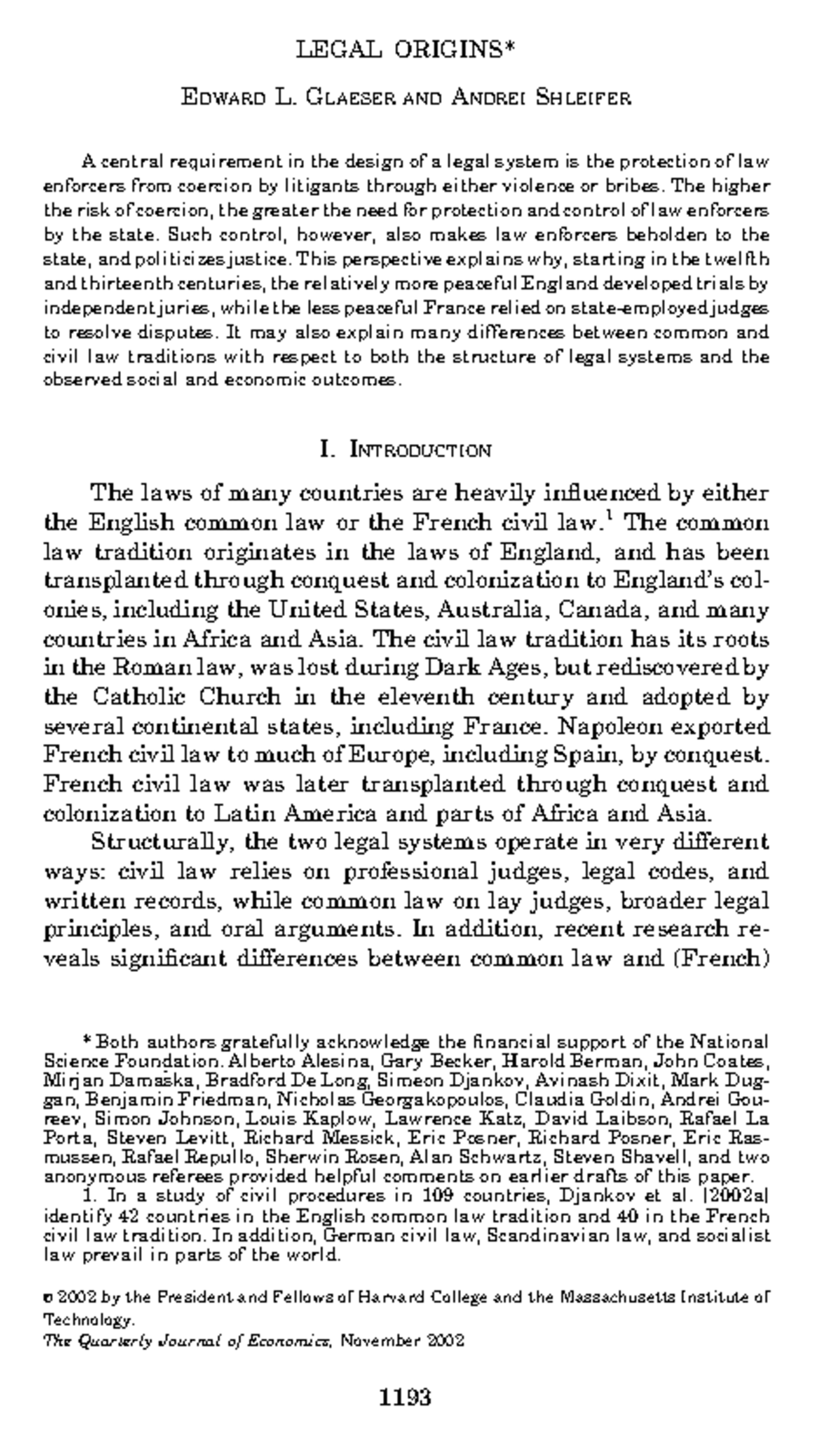 Legal Origins - LEGAL ORIGINS* EDWARD L. GLAESER AND ANDREI SHLEIFER A ...