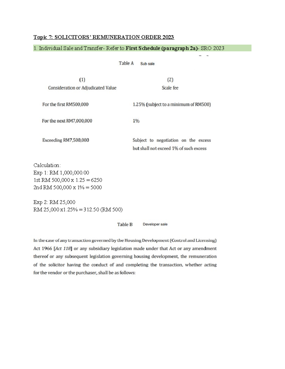 Topic 7 - calculation - Topic 7: SOLICITORS’ REMUNERATION ORDER 2023 Individual Sale and ...