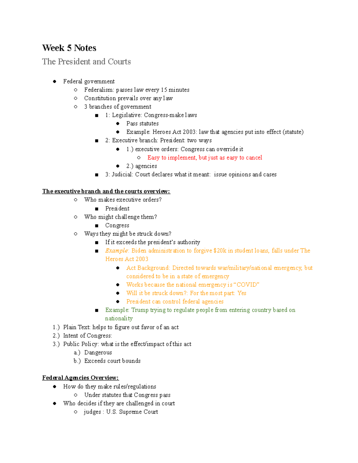 L201 Exam #2 Notes - Week 5 Notes The President and Courts Federal ...