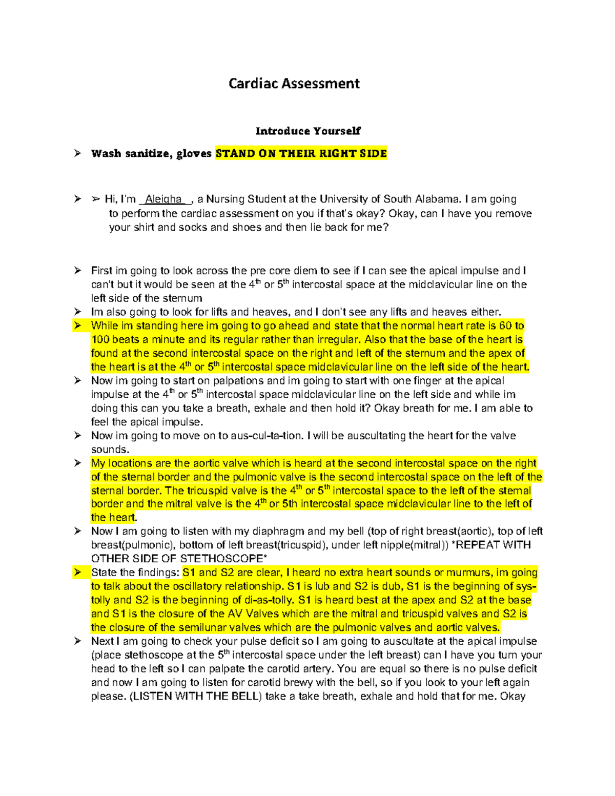 Cardiac Assessment - Cardiac Assessment Introduce Yourself Ø Wash ...