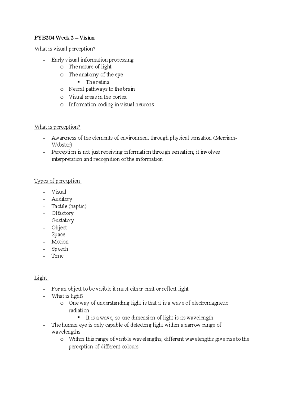 PYB204 Week 2 Lecture Notes - Vision - PYB204 Week 2 – Vision What is ...