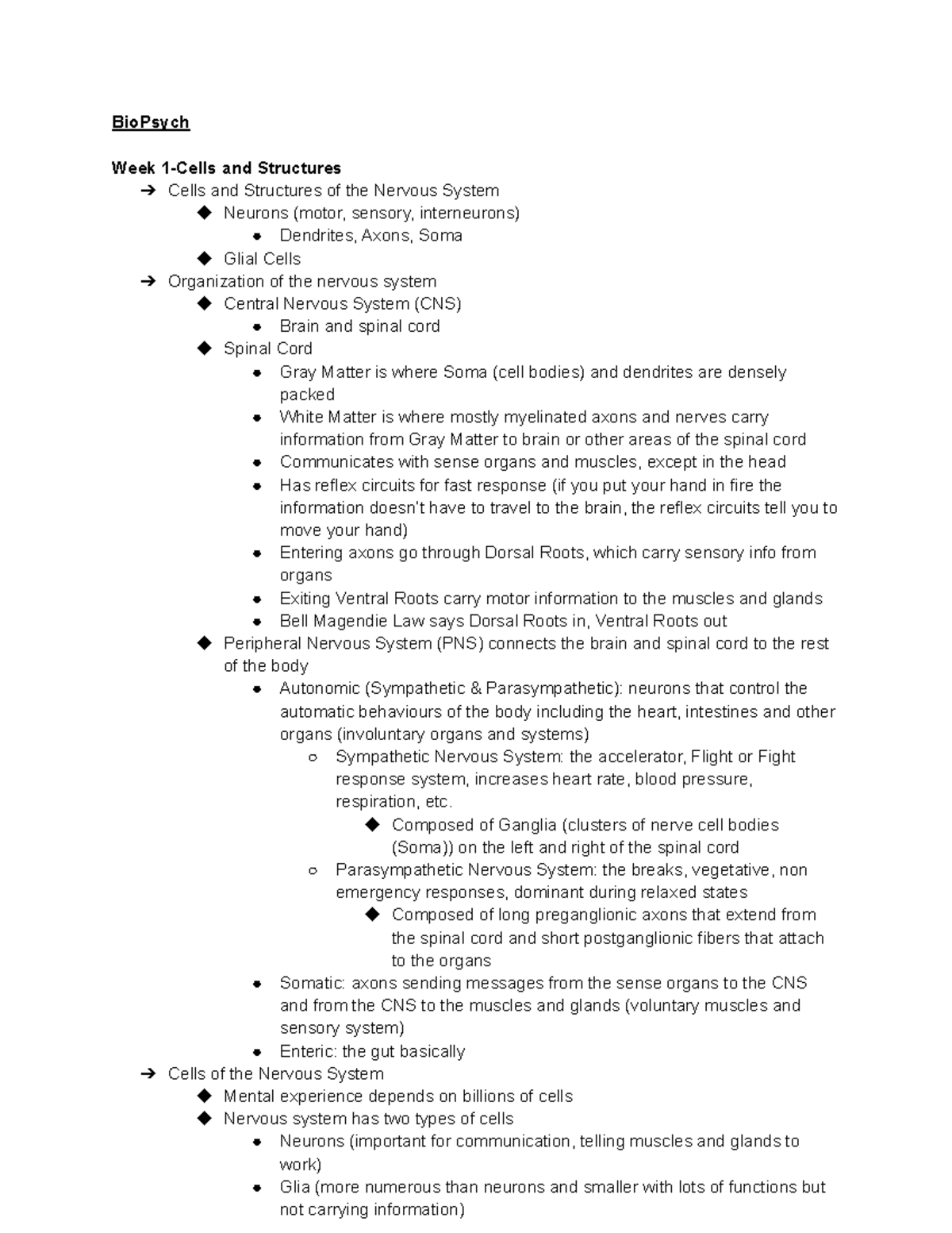Bio Psych Notes 1/2 - BioPsych Week 1-Cells and Structures Cells and ...