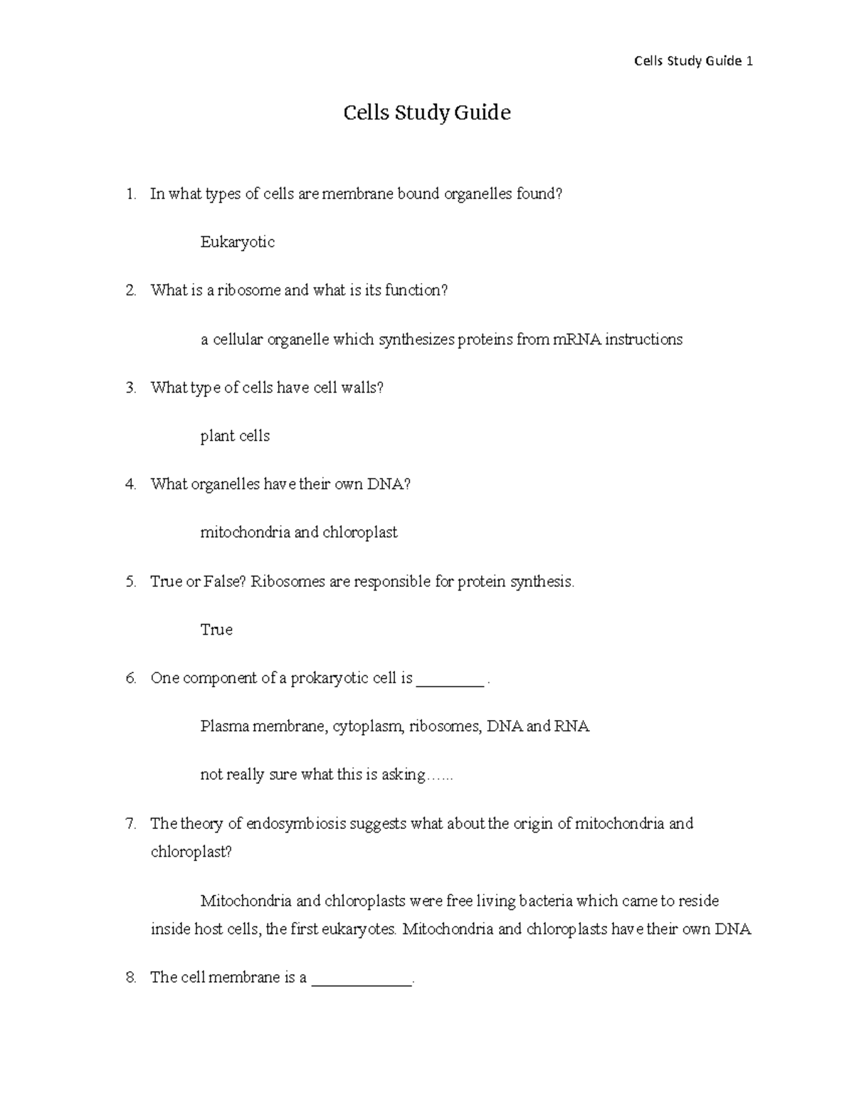 Cells Study Guide - Biology 1010, online - Cells Study Guide 1 Cells ...