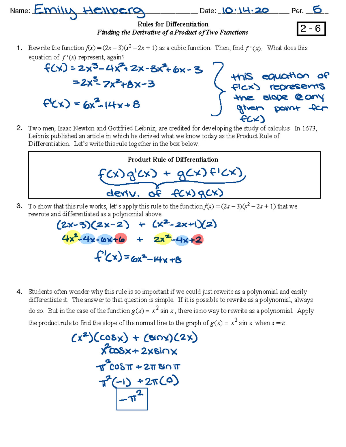 2-6 Product Rule - Rules for Differentiation Finding the Derivative of ...