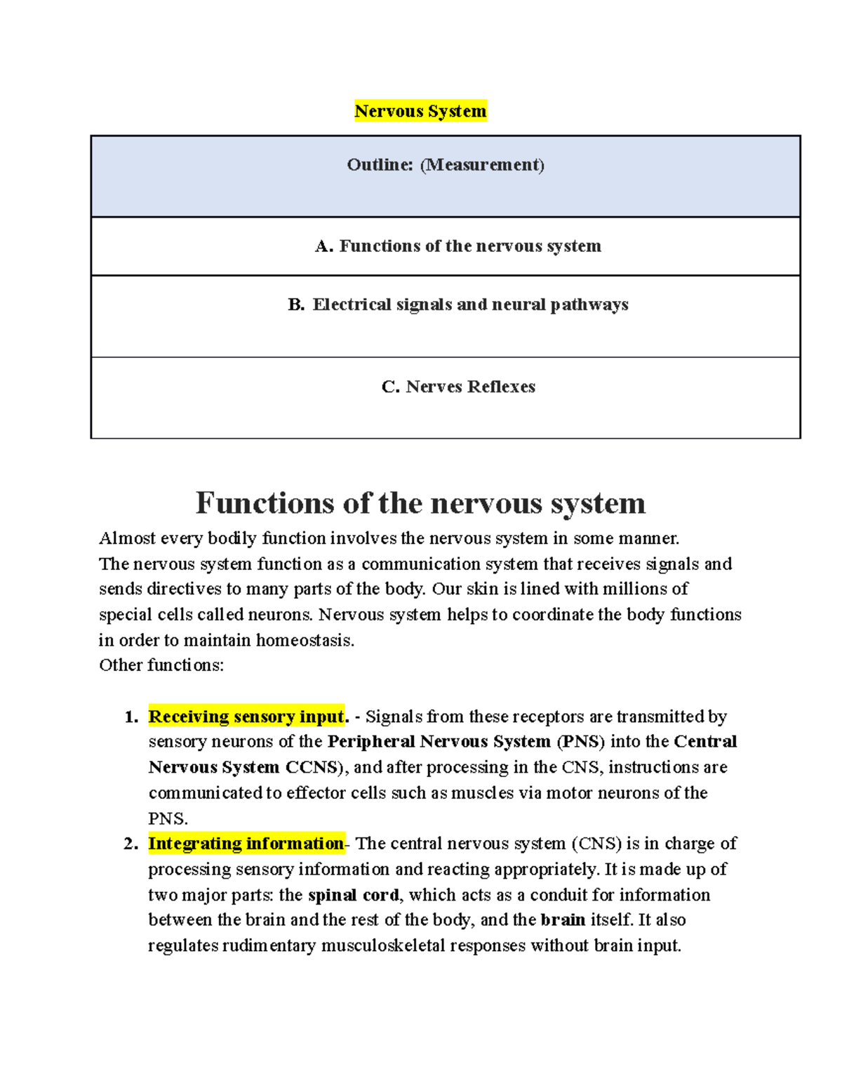 Nervous System - Lecture notes 4 - Nervous System Outline: (Measurement ...