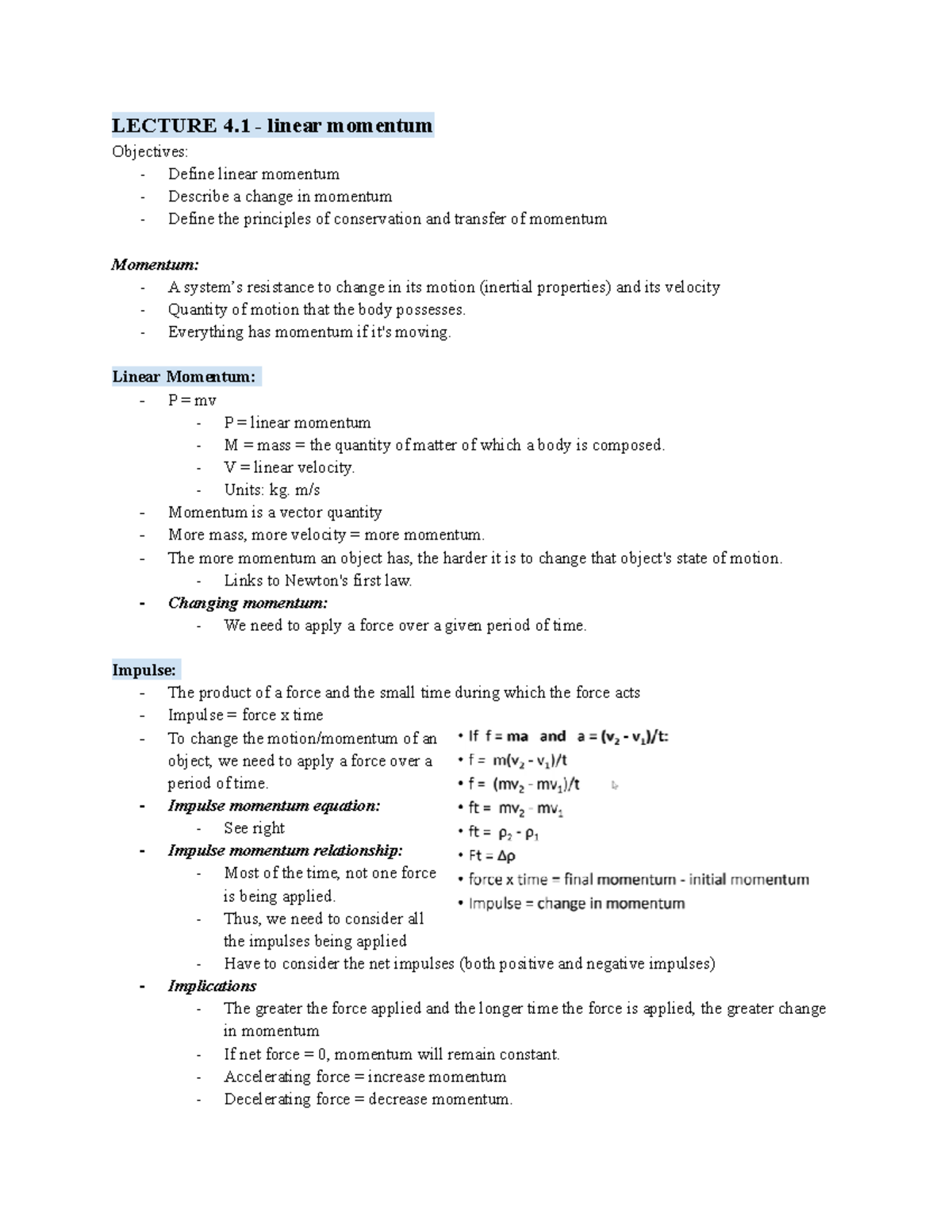 Week 4 - lecture notes - LECTURE 4 - linear momentum Objectives ...