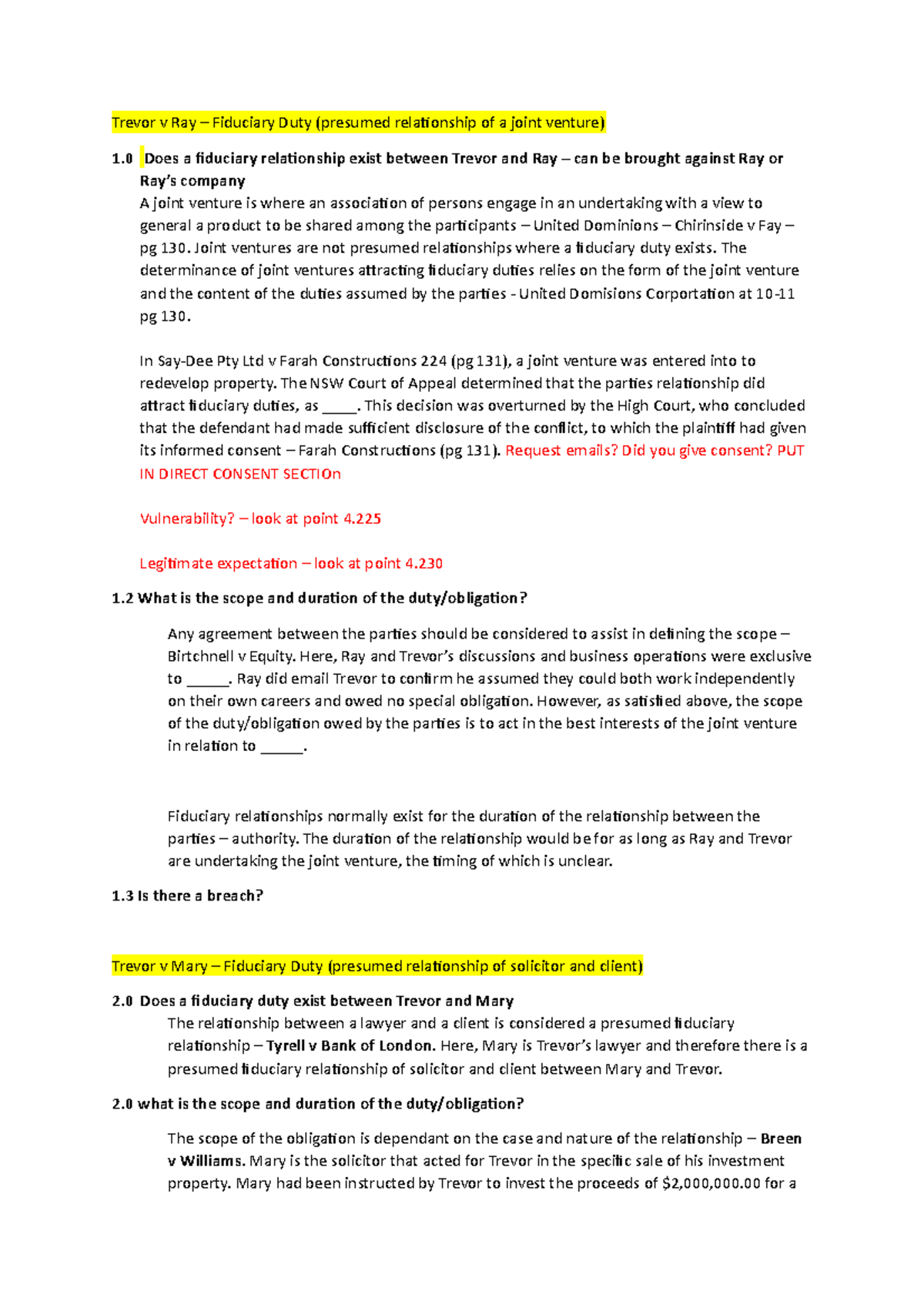 Equity + trusts assignment - Trevor v Ray – Fiduciary Duty (presumed ...