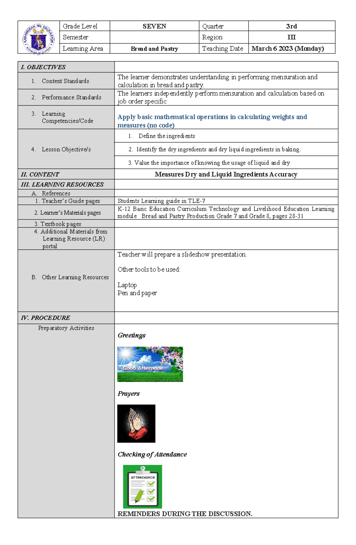 Monday-1 weak 4 - Lesson plan - Semester Region III Learning Area Bread ...