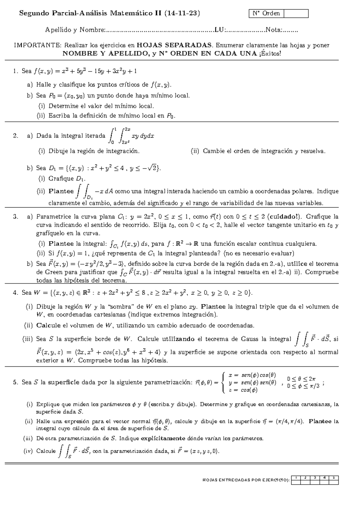 2 Parcial de Analisis Matematico II - Segundo Parcial-An ́alisis Matem ́atico II (14-11-23) N ...