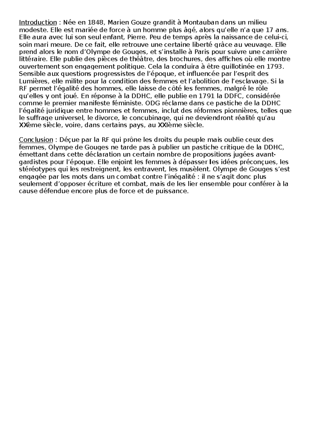 Lecture n°10 Olympe de gouges - Introduction : Née en 1848, Marien ...