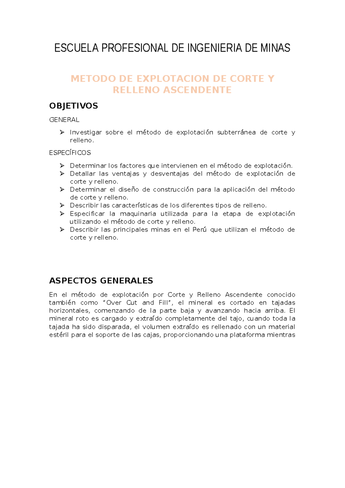 Metodo DE Explotacion DE Corte Y Relleno - ESCUELA PROFESIONAL DE ...