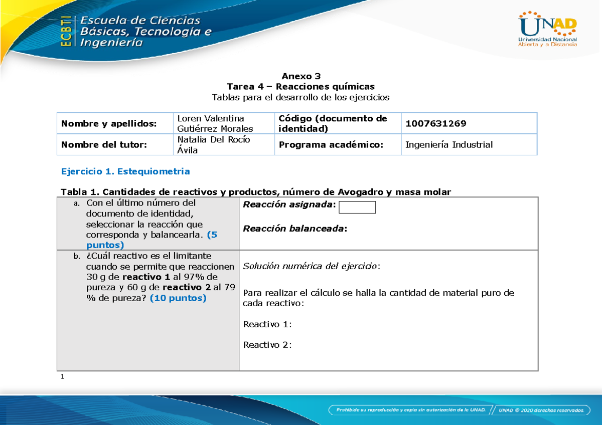 Unidad 3 Tarea 4 Reacciones Químicas Loren Gutiérrez - Anexo 3 Tarea 4 – Reacciones químicas ...