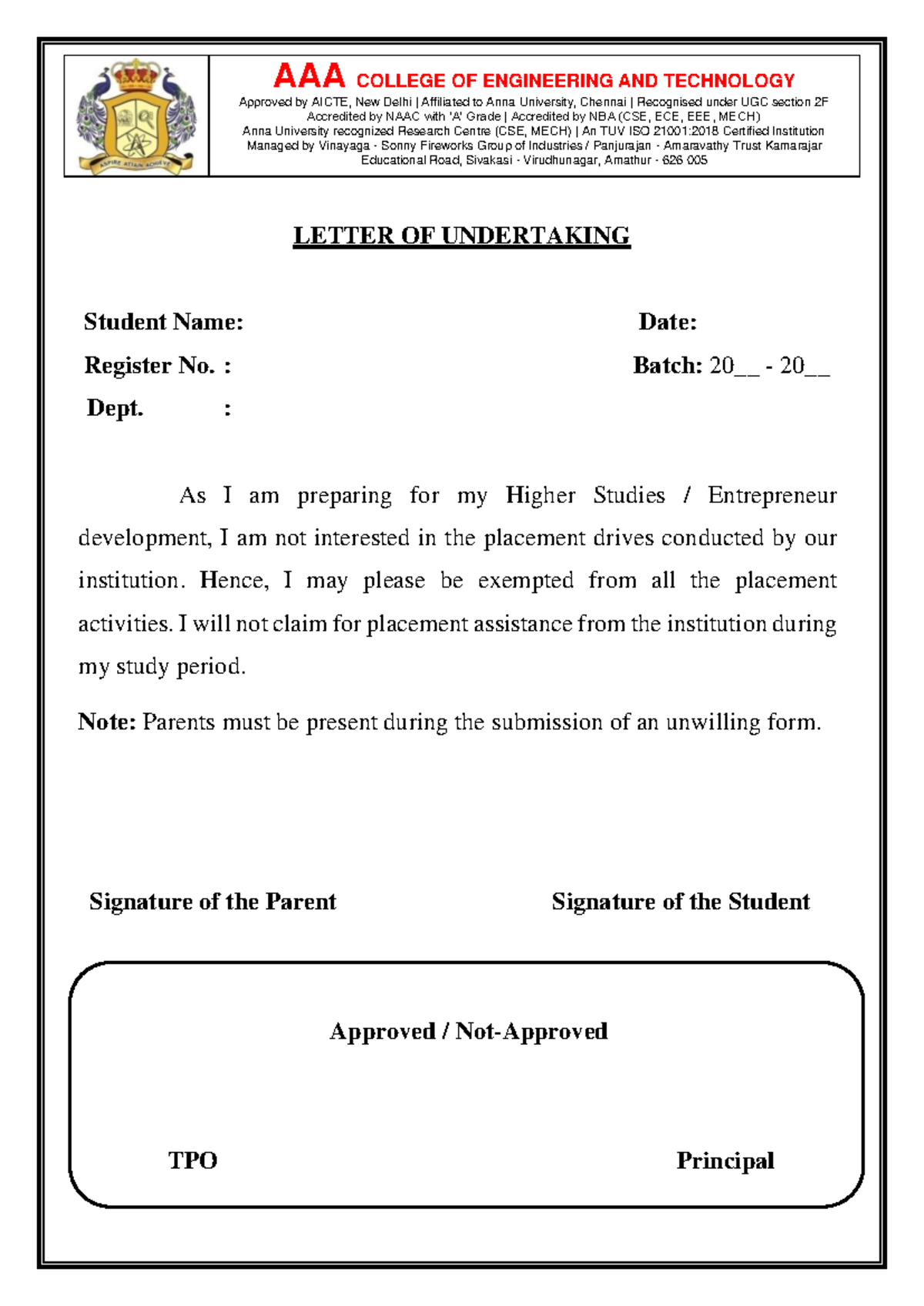 Unwilling forms - Notes - LETTER OF UNDERTAKING Student Name: Date ...
